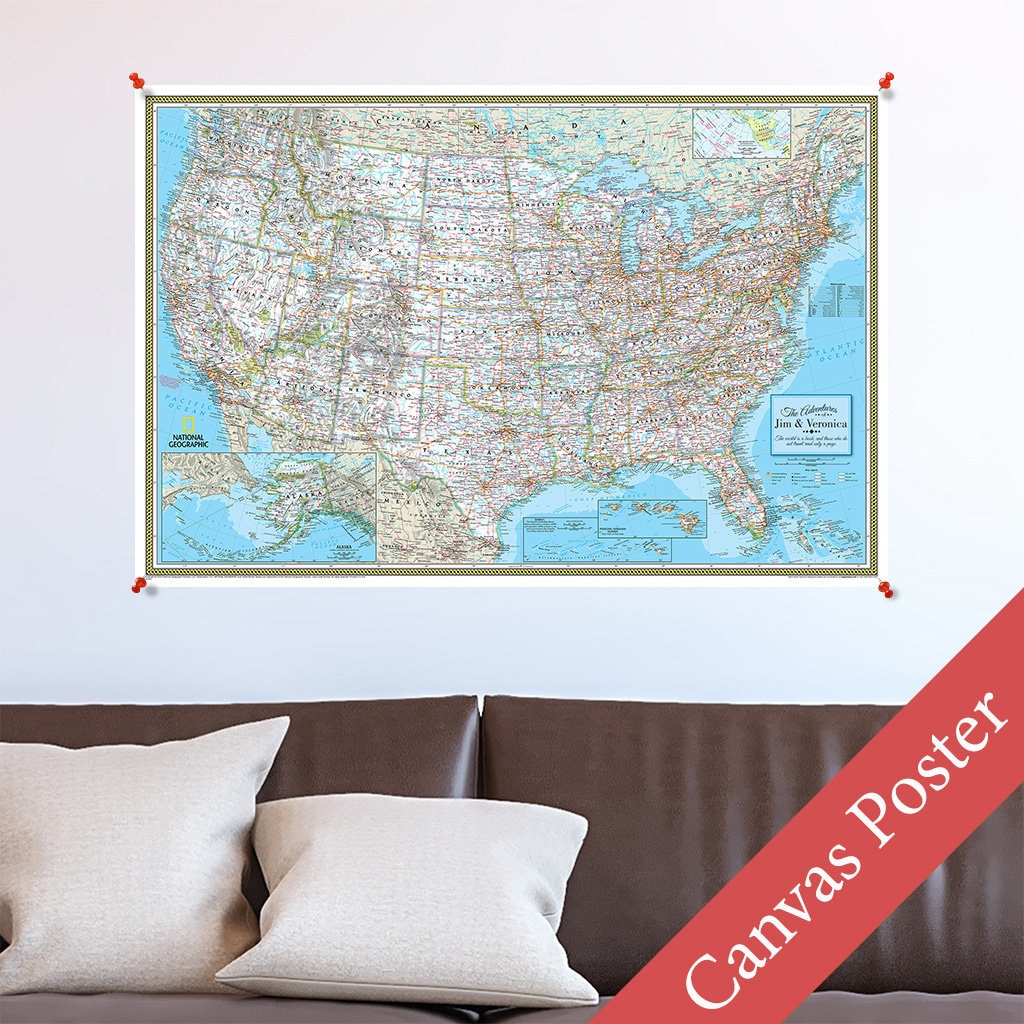 Canvas Map Poster Classic USA Push Pin Travel Map Kit With 150 Pins ...