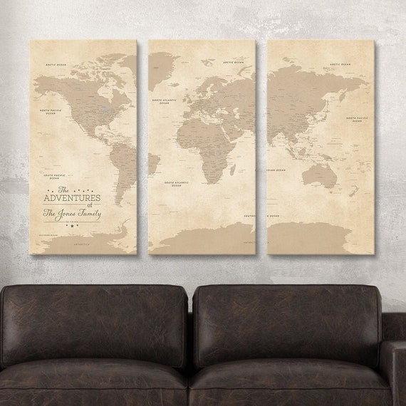 Large 3 Panel Personalized Canvas Map Vintage World Map | Etsy