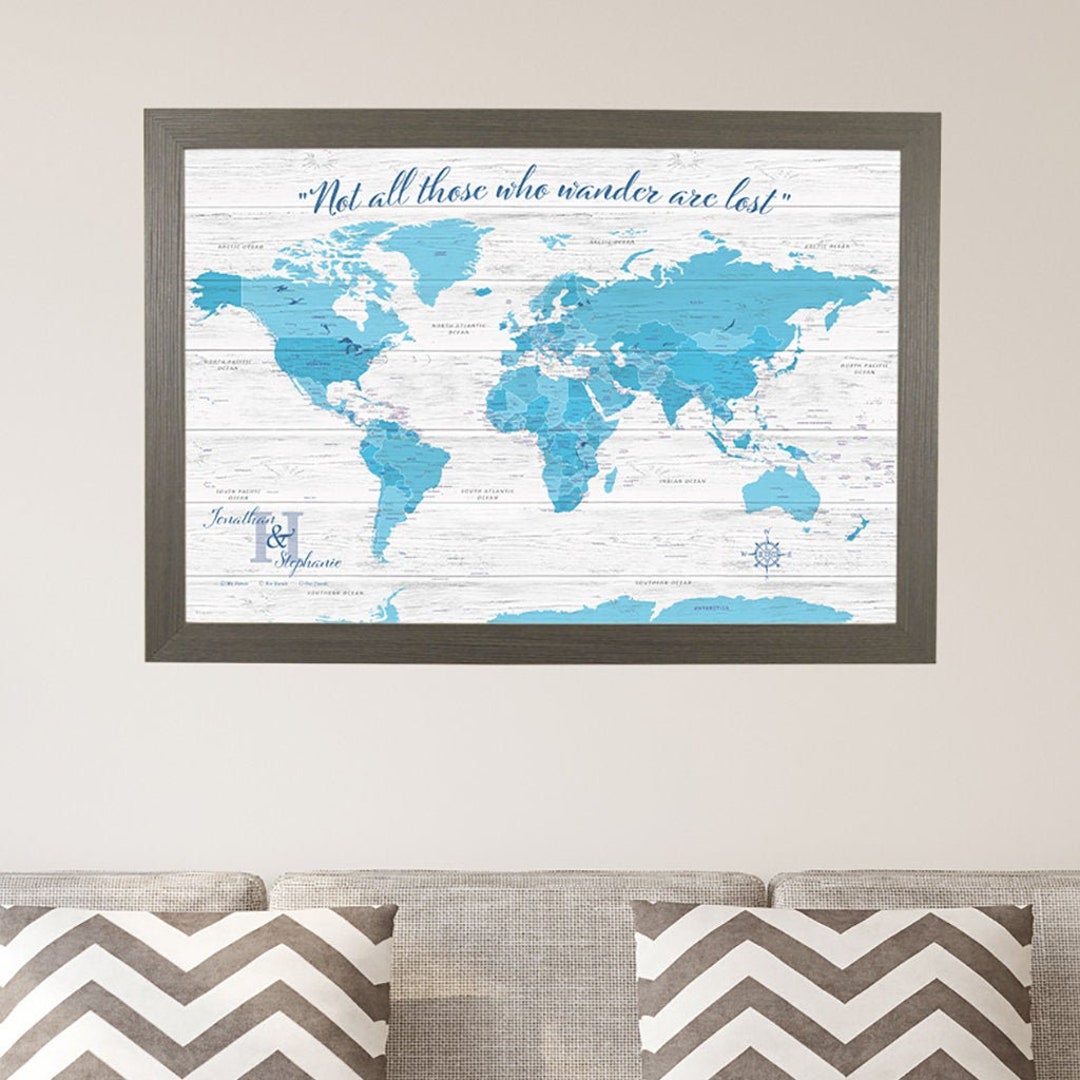 Light Blue Anniversary World Map - Personalized Canvas Push Pin Map ...
