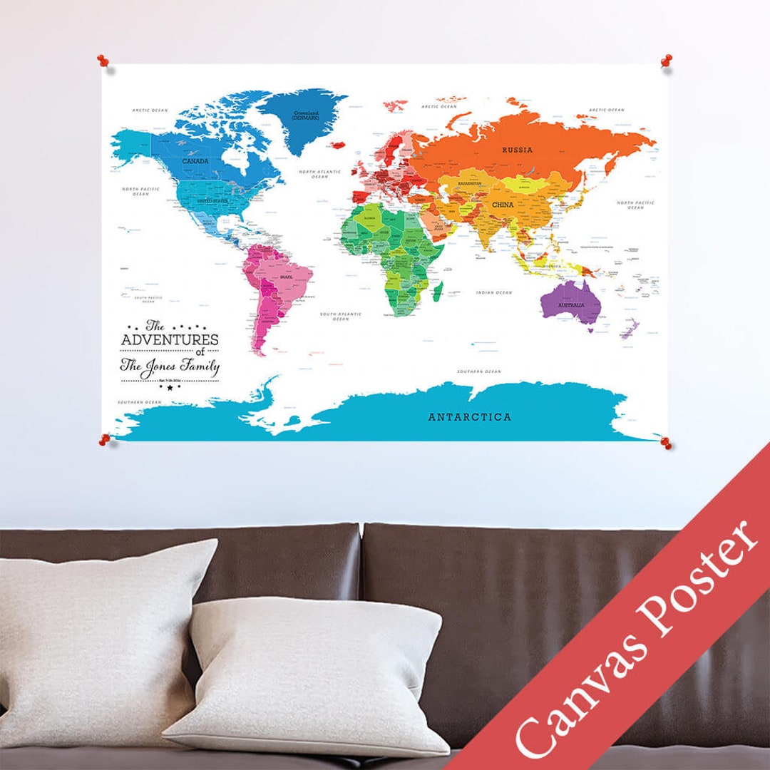 Canvas Map Poster Colorful World Push Pin Travel Map Kit With 150 Pins ...