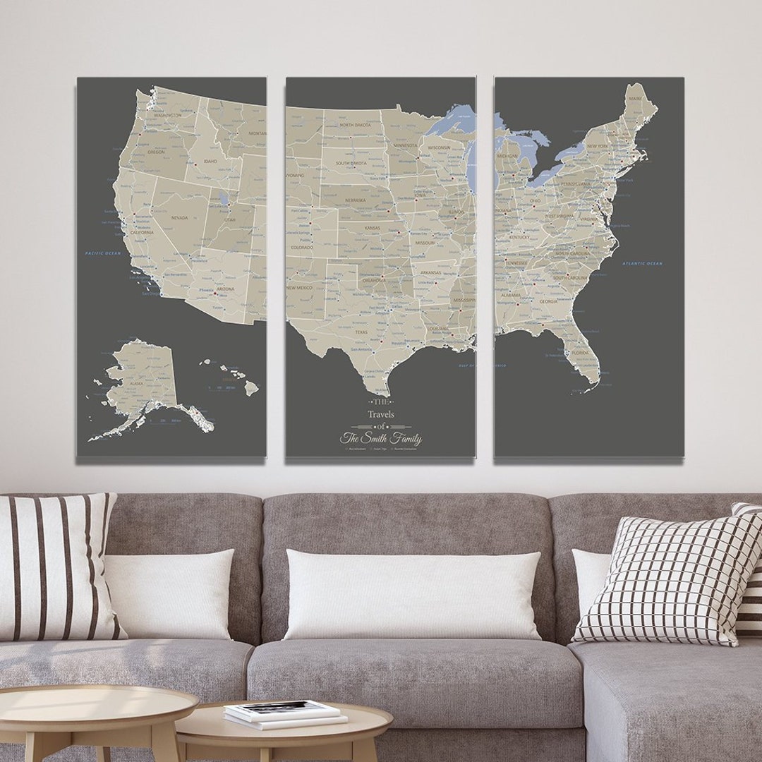 Large 3 Panel Personalized Canvas US Map - Earth Toned USA - Push Pin ...