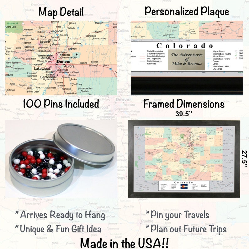 Personalized Colorado Push Pin Travel Map With Pins and Frame 27.5" X ...
