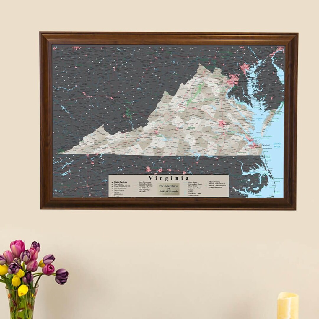 Personalized Earth Toned Virginia State Map With Pins and Frame ...