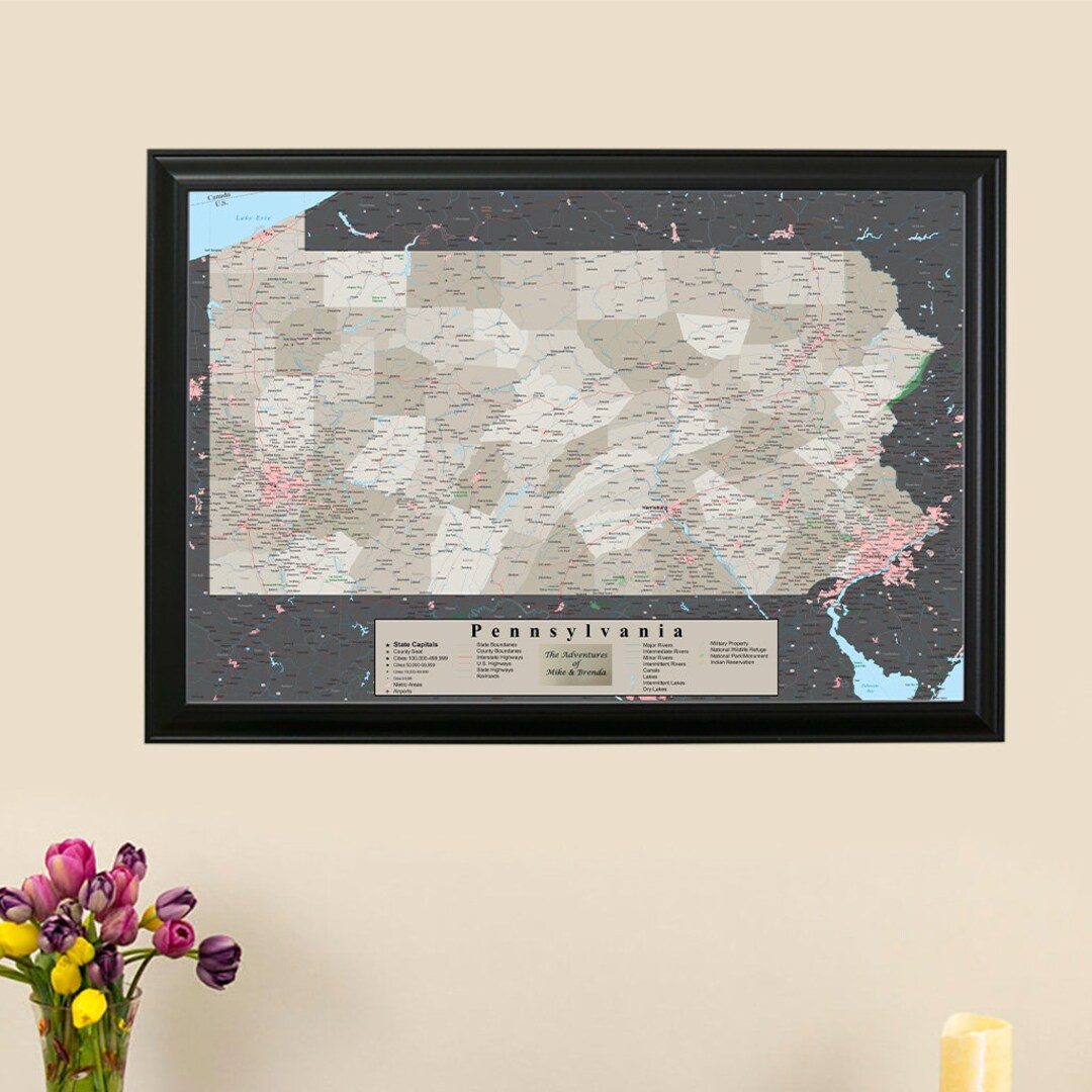Personalized Earth Toned Pennsylvania State Map - Pin Travel Map - the ...