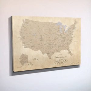 GALLERY WRAPPED Personalized Canvas Pin Map - Vintage United States Map ...