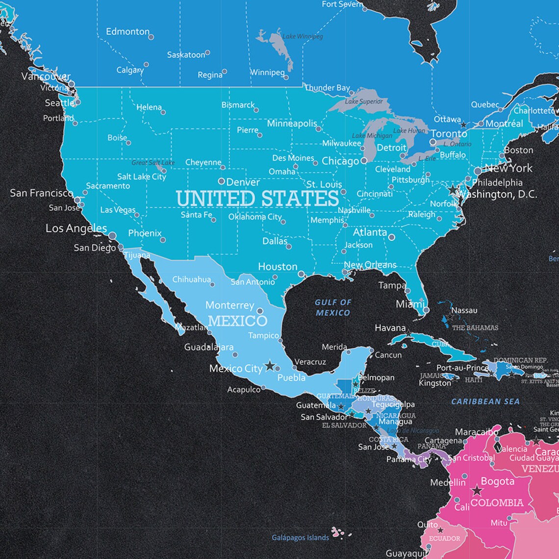 Large 3 Panel Personalized World Map Canvas Bright Night - Etsy