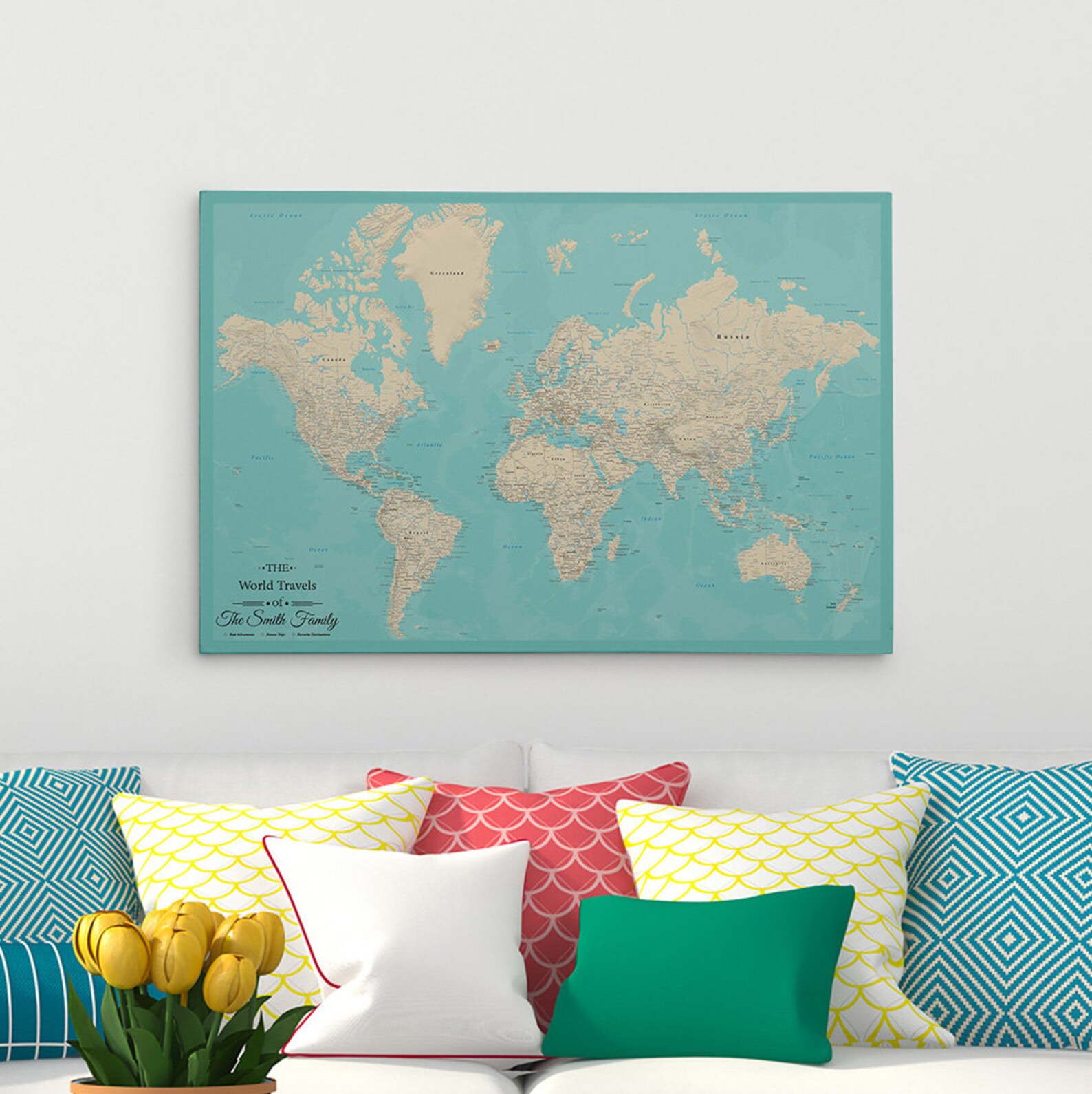 GALLERY WRAPPED Personalized Canvas Map Teal Dream World Map - Etsy