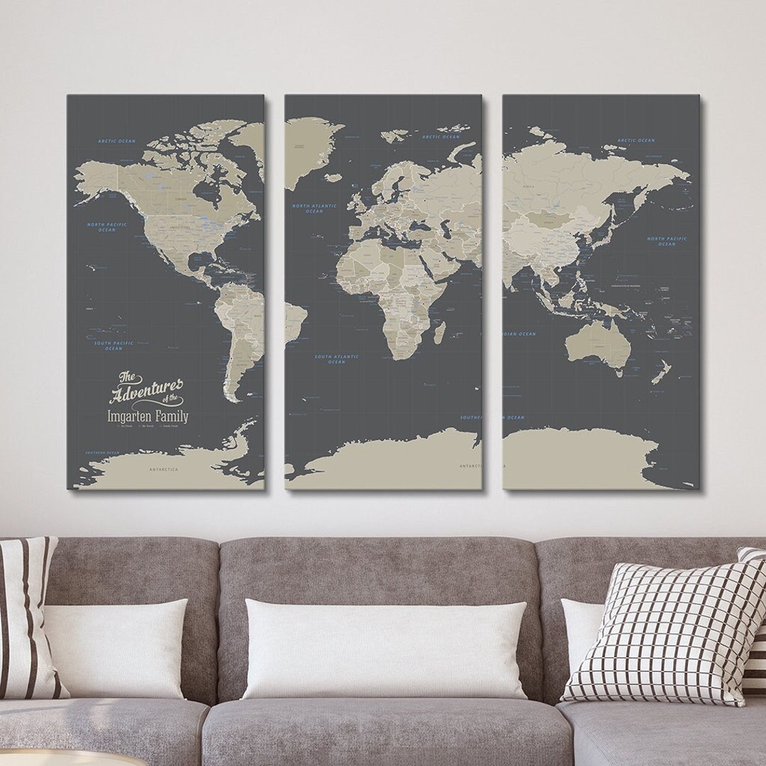Large 3 Panel Personalized Canvas Map - Earth Toned World Map - 36" X ...