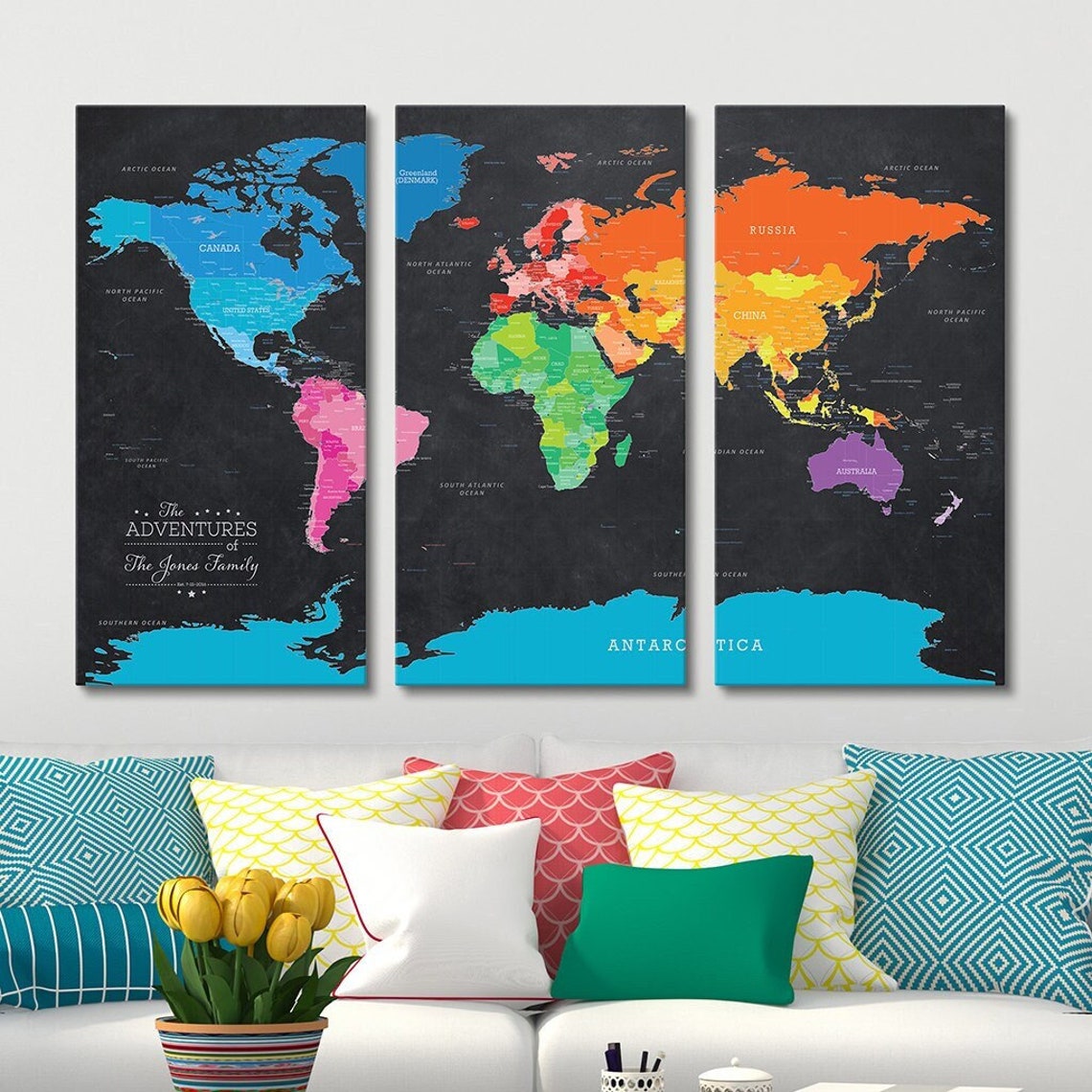 Large 3 Panel Personalized World Map Canvas Bright Night - Etsy