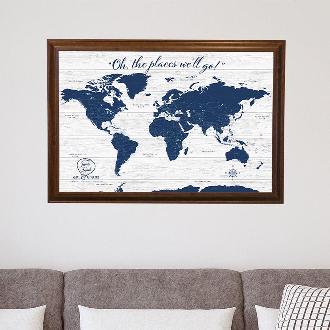 Dark Blue Anniversary World Map - Personalized Canvas Push Pin Travel ...