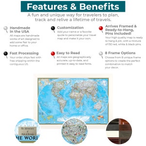 Personalized Classic World Push Pin Travel Map With Pins and Frame ...