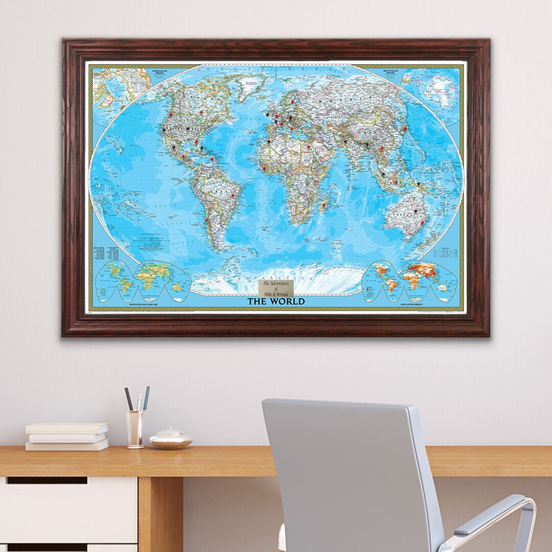 Personalized Classic World Push Pin Travel Map With Pins and Frame ...