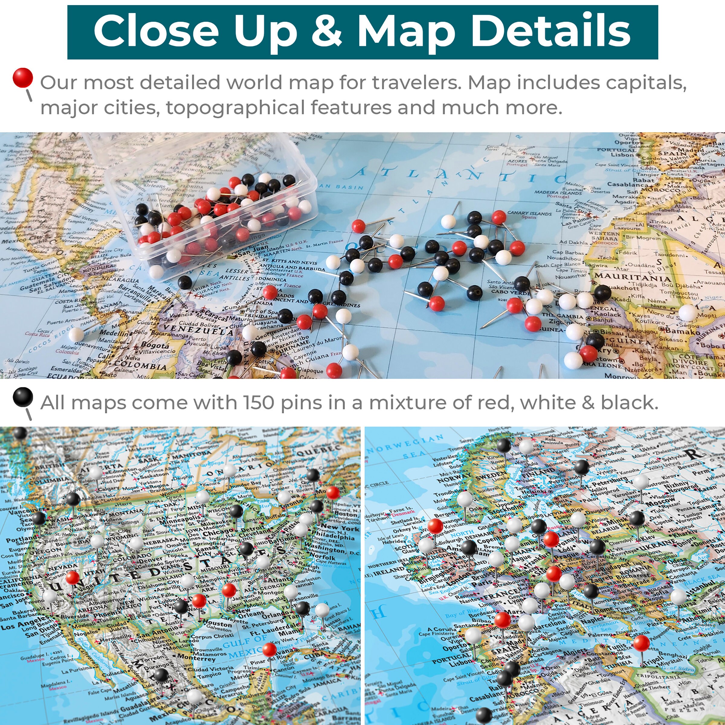 Personalized Classic World Push Pin Travel Map With Pins and Frame ...
