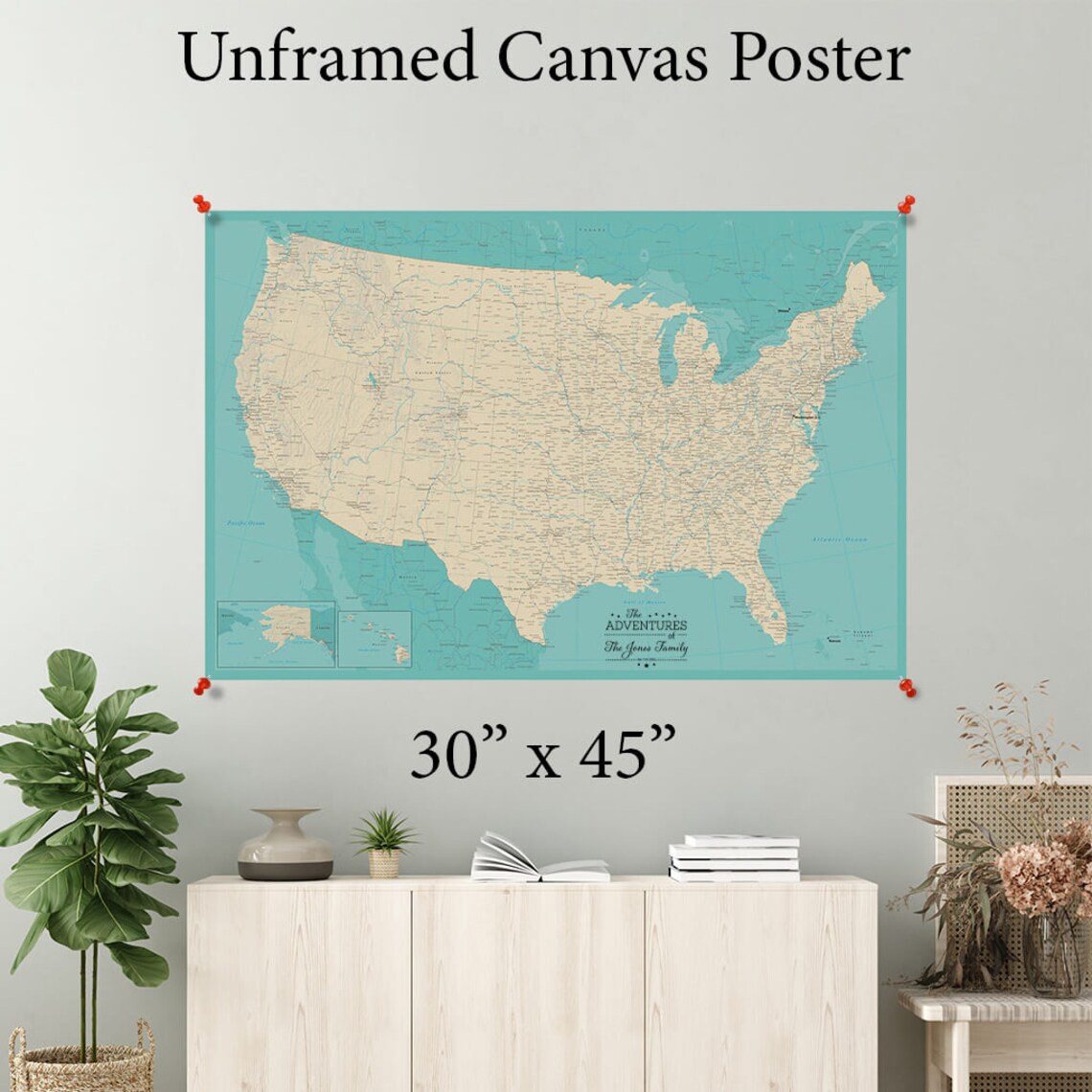Canvas Map Poster Teal Dream US Push Pin Travel Map Kit With | Etsy