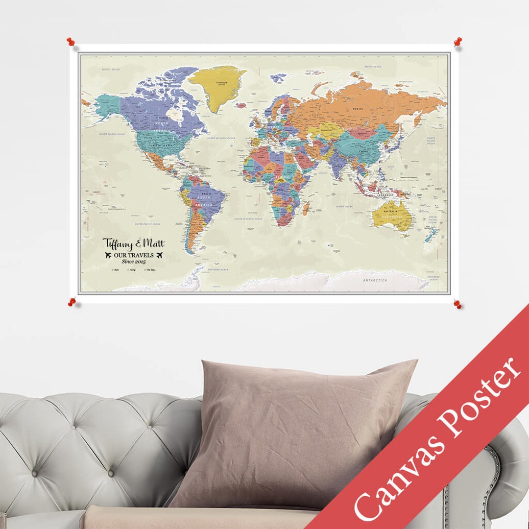 Canvas Map Poster Tan Oceans World Push Pin Travel Map Kit With 150 ...