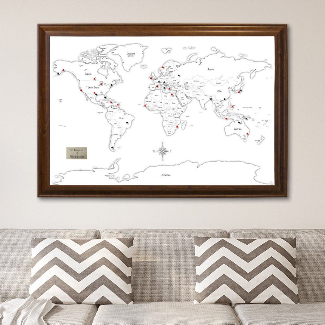 Personalized Black & White Hand-drawn World Travel Map With Pins ...