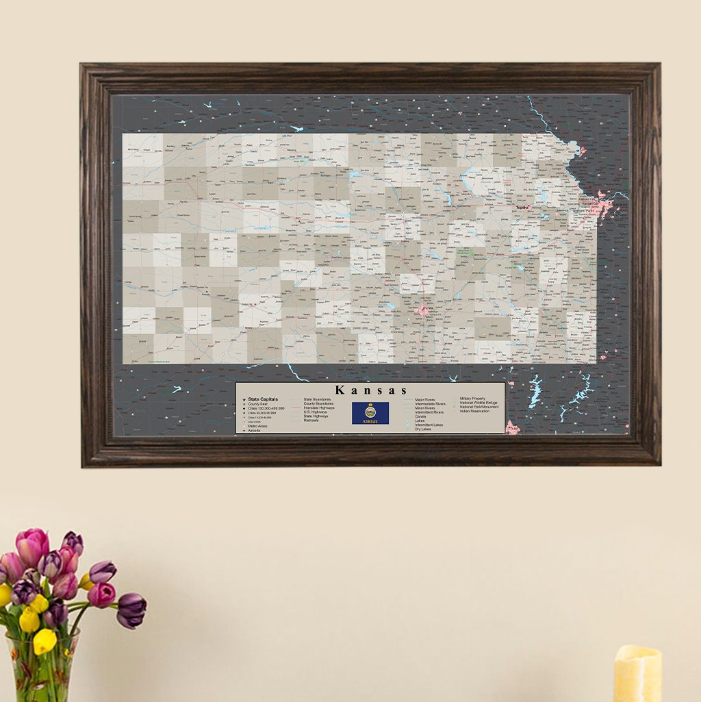 Personalized Earth Toned Kansas State Wall Map Map with Pins - Etsy España