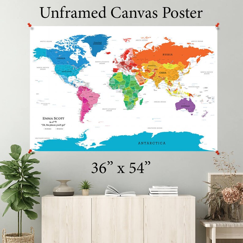 Canvas Map Poster Colorful World Push Pin Travel Map Kit With 150 Pins ...