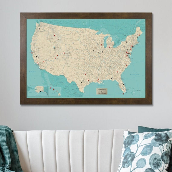 Personalized Teal Dream United States Push Pin Travel Map | Etsy