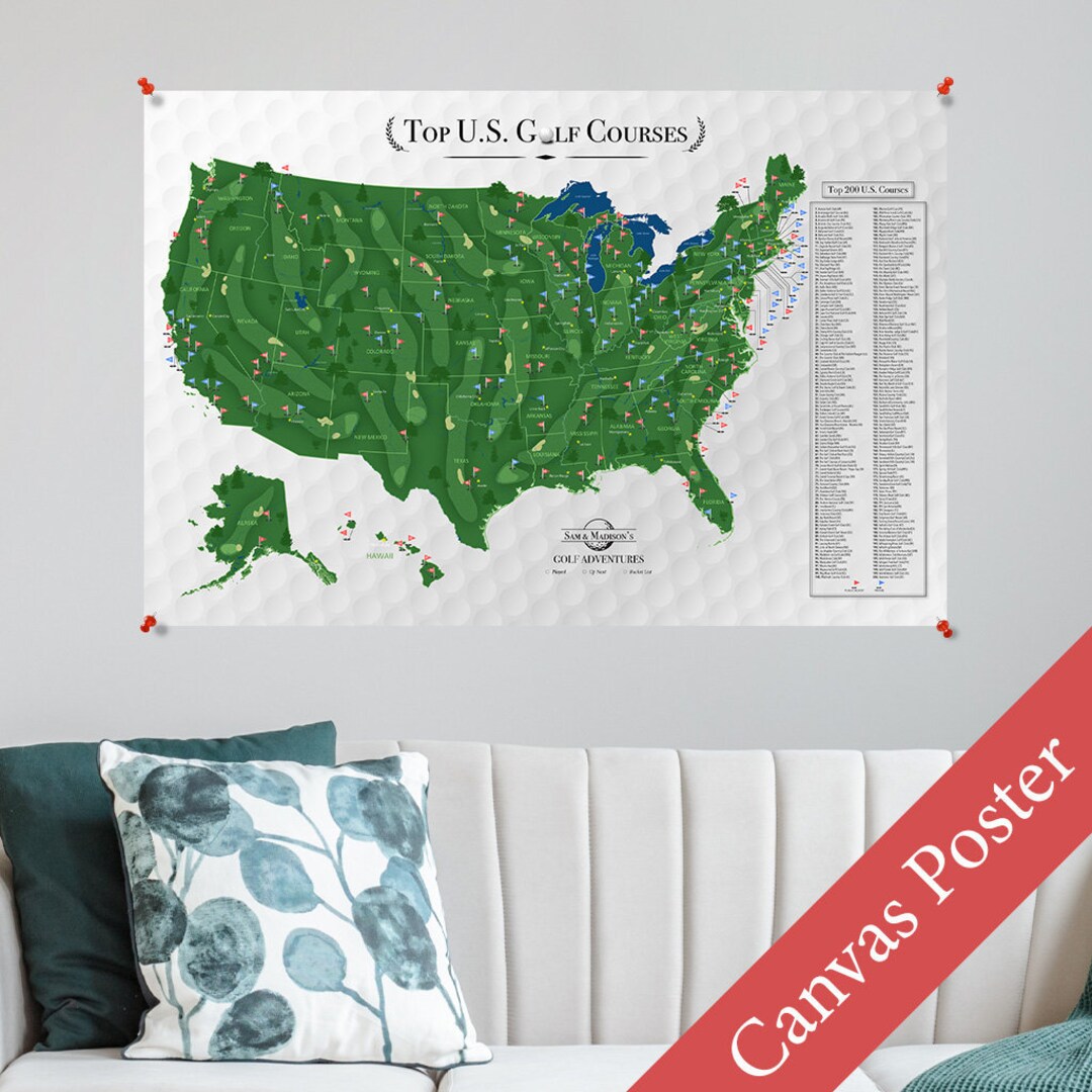 Canvas Map Poster Kit of Top US Golf Courses With 150 Pins - Large ...