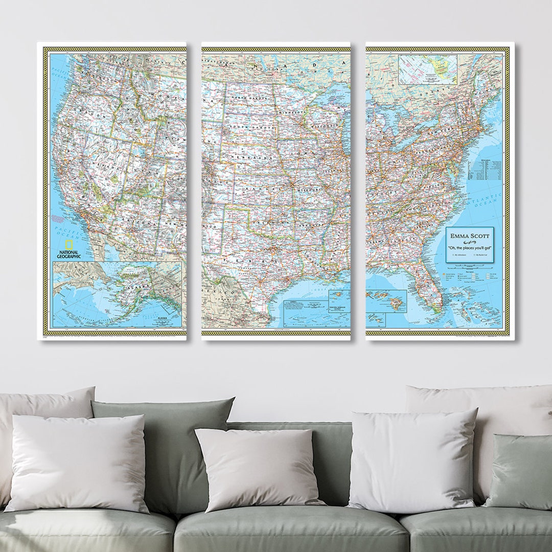Large 3 Panel Personalized Canvas US Map - Classic USA Travel Map ...