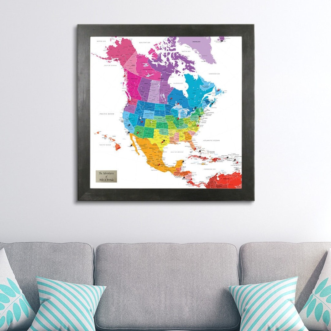 Personalized Colorful North America Travel Map With Pins - Framed Wall ...