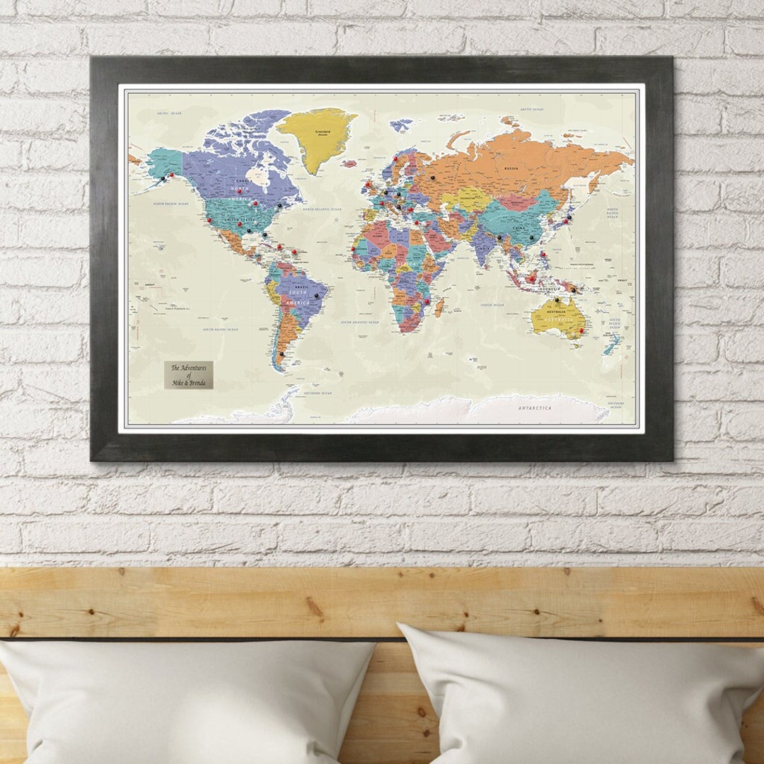 Personalized Tan Oceans World Travel Map With Frame - Pushpin Map of ...