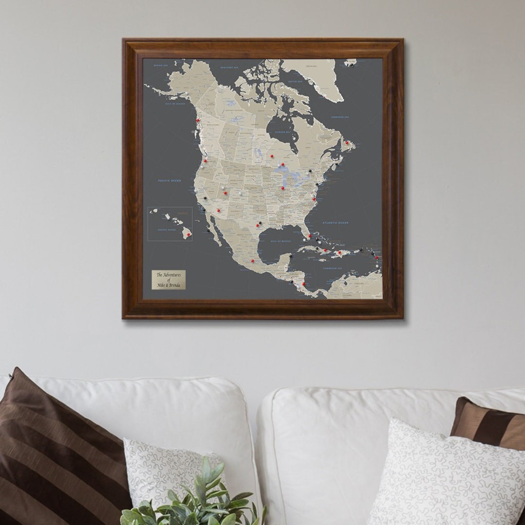 Personalized Earth Toned North America Travel Map With Pins - Framed ...