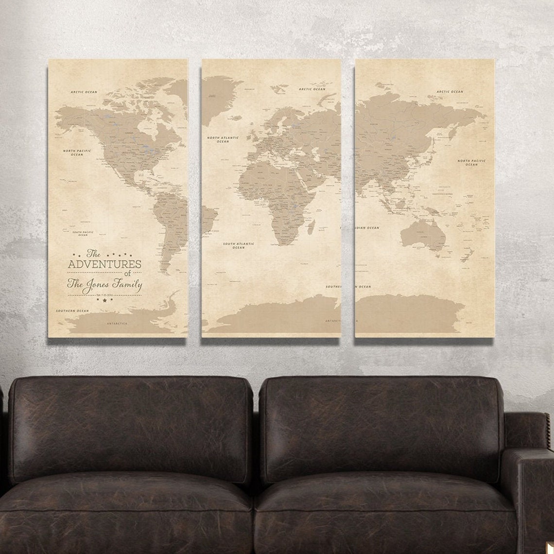 Large 3 Panel Personalized Canvas Map Vintage World Map | Etsy