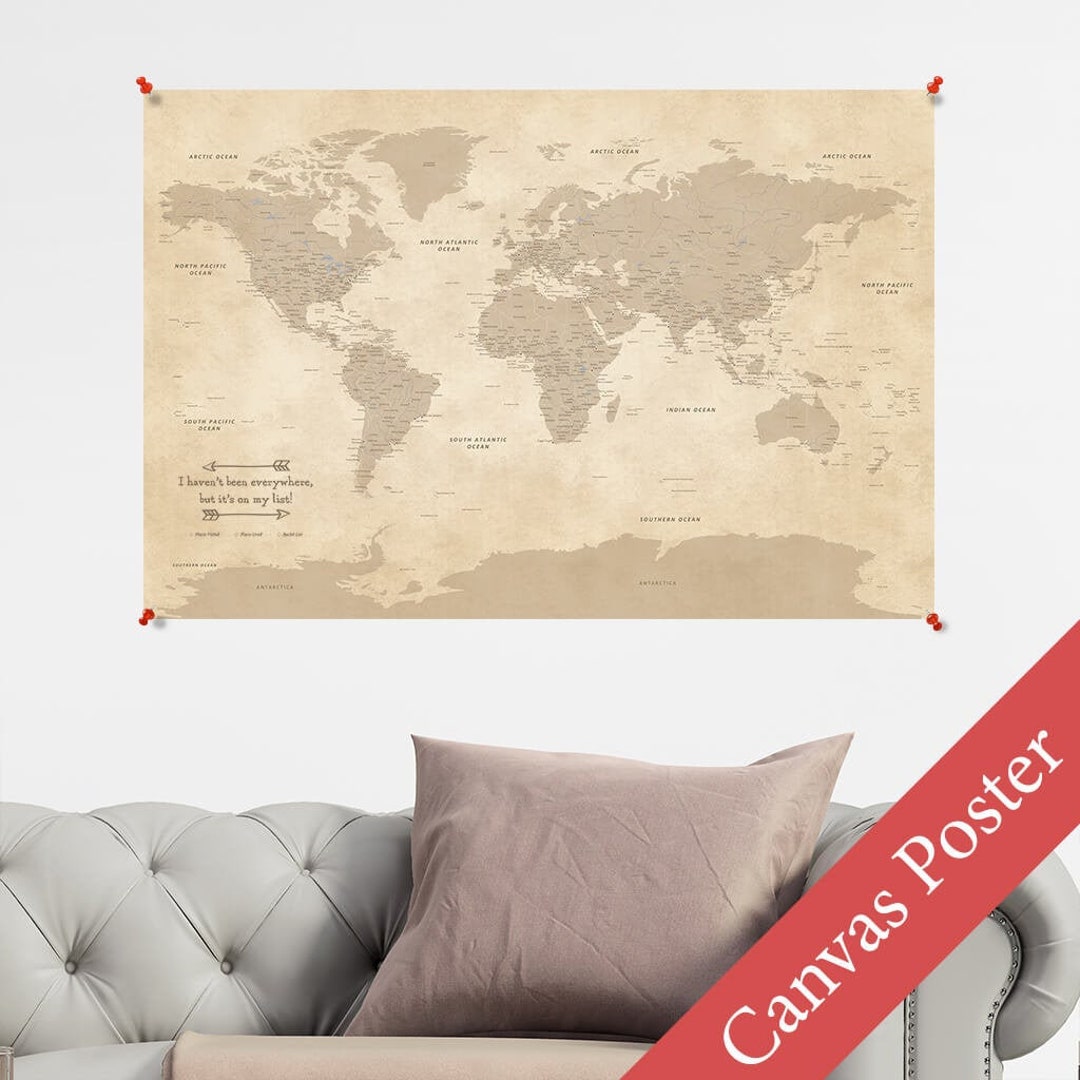 Canvas Map Poster Vintage World Push Pin Travel Map Kit With 150 Pins ...
