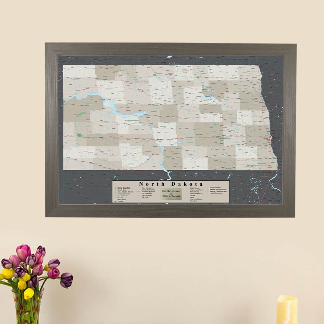 Personalized North Dakota Push Pin Wall Map With Pins - Large Pin Map ...