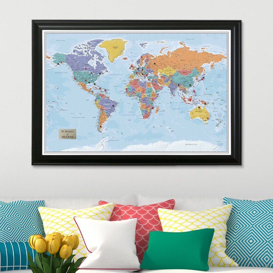 Personalized Blue Oceans World Travel Map With Pins and Frame Push Pin ...
