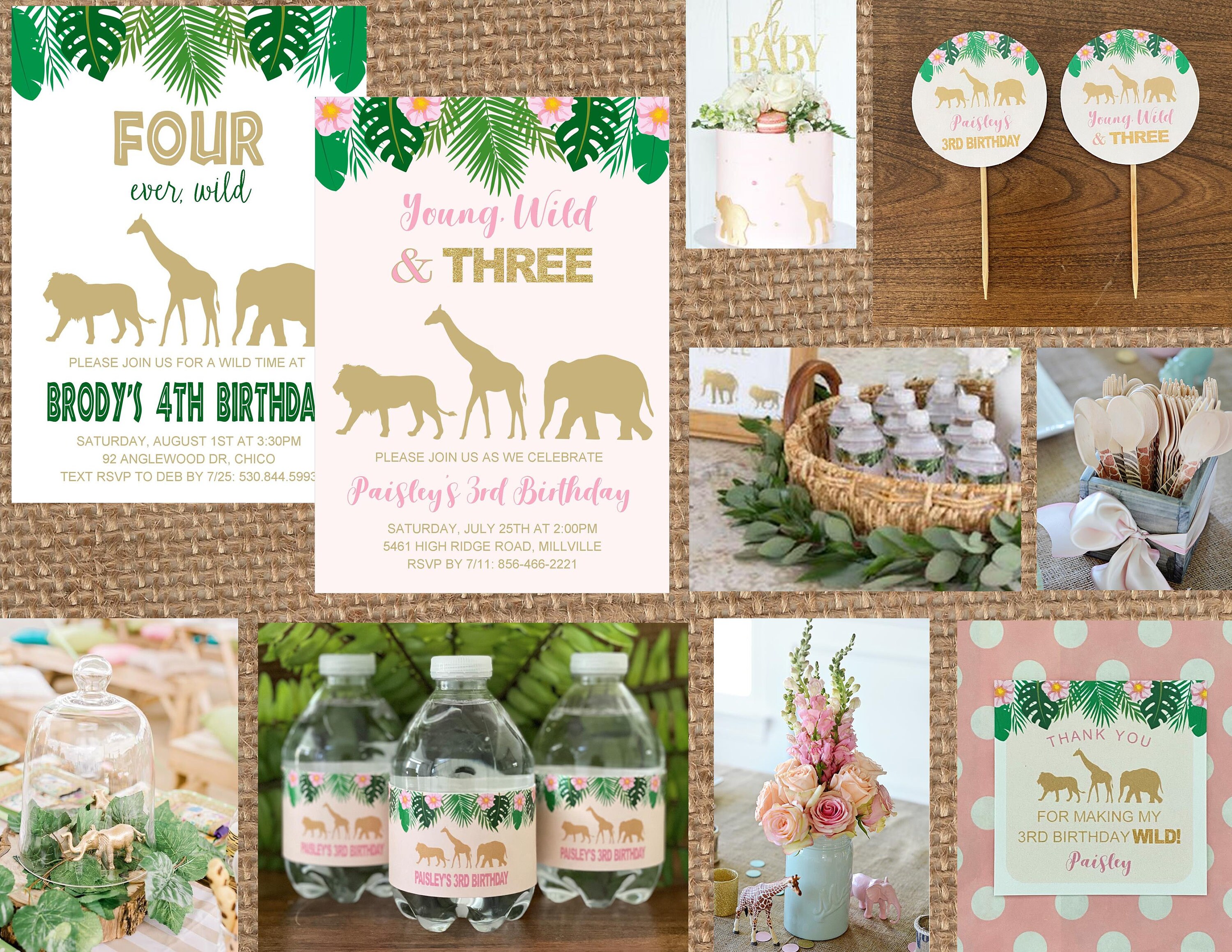 SAFARI JUNGLE Pink FLOWERS // Pink Gold Green // Birthday | Etsy