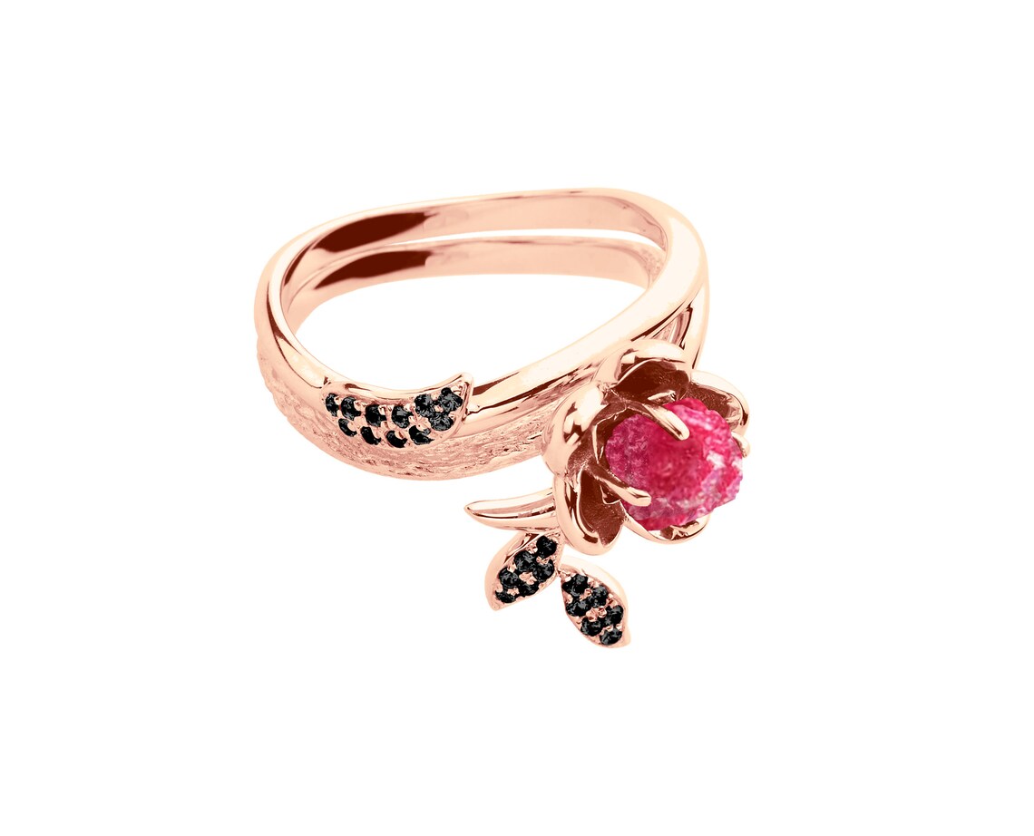 Raw Ruby Ring + Black Diamond Band Wedding Ring Set / Engagement Ring ...