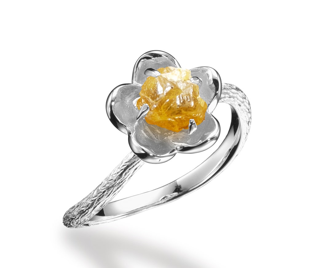 Flower Engagement Ring Raw Yellow Diamond-alternative Wedding Ring ...