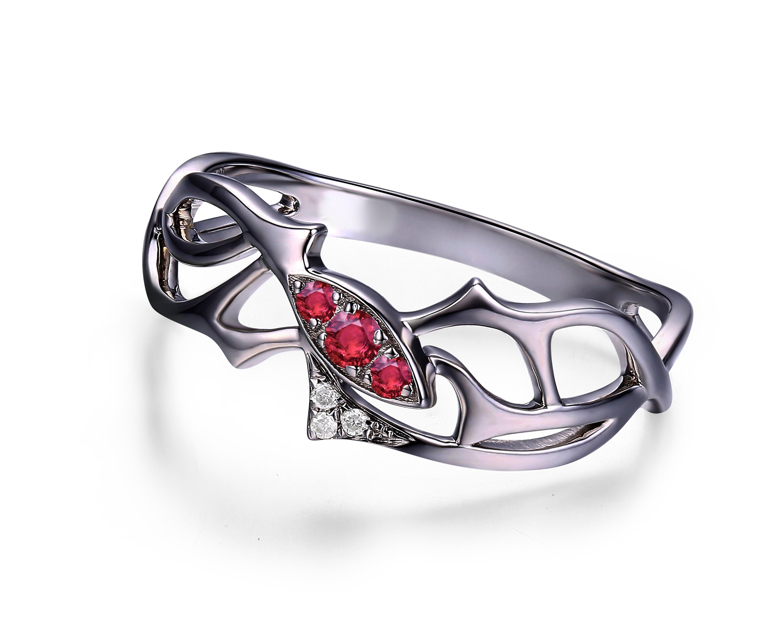 Diamond Ruby Ring-black Gold Band-twig Ring Engagement-gothic Ring ...