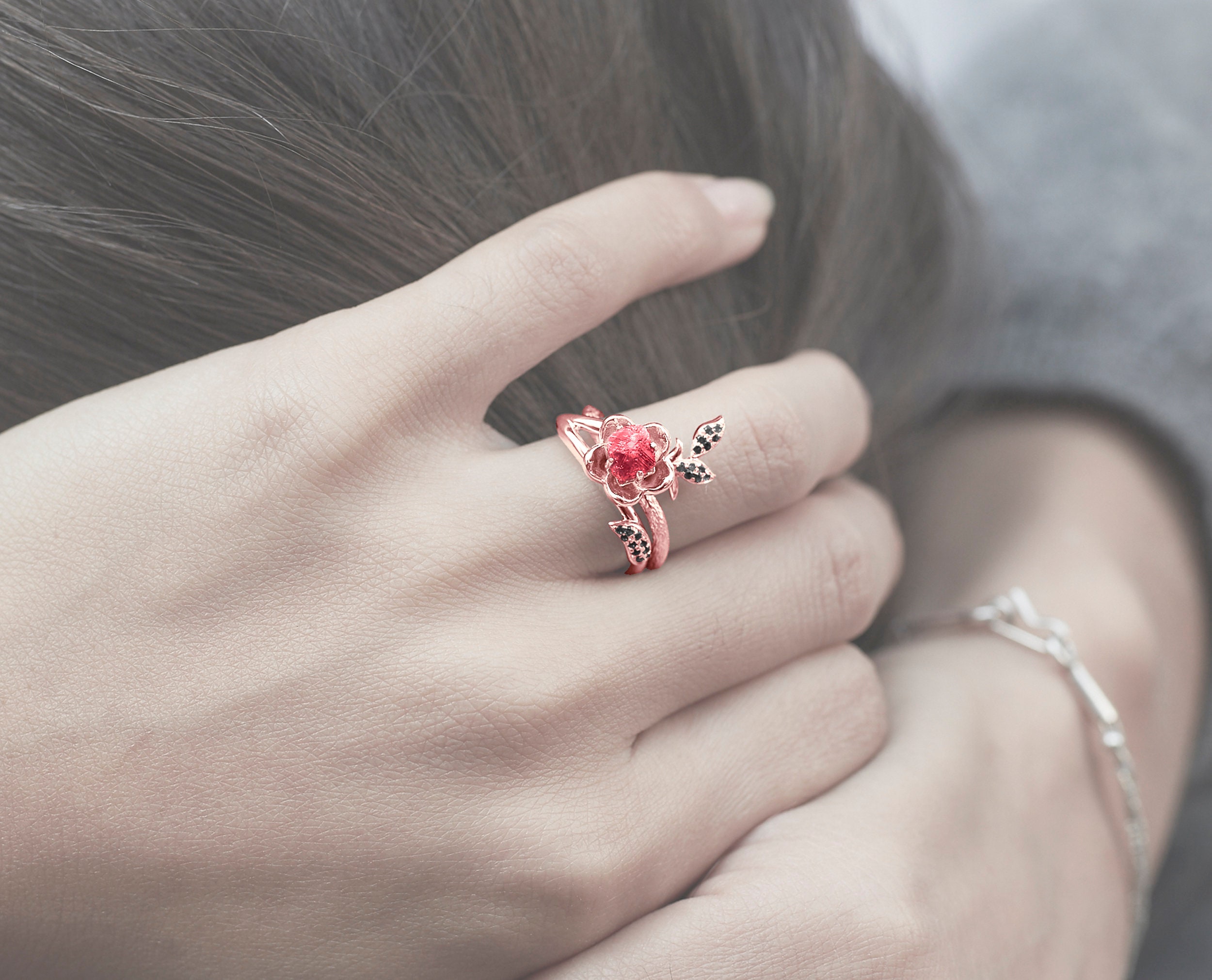Raw Ruby Ring + Black Diamond Band Wedding Ring Set / Engagement Ring ...
