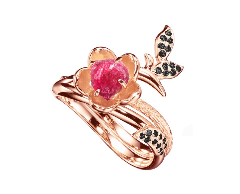 Raw Ruby Ring + Black Diamond Band Wedding Ring Set / Engagement Ring ...