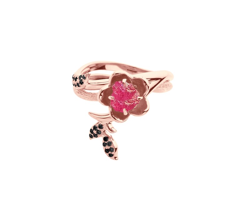 Raw Ruby Ring + Black Diamond Band Wedding Ring Set / Engagement Ring ...