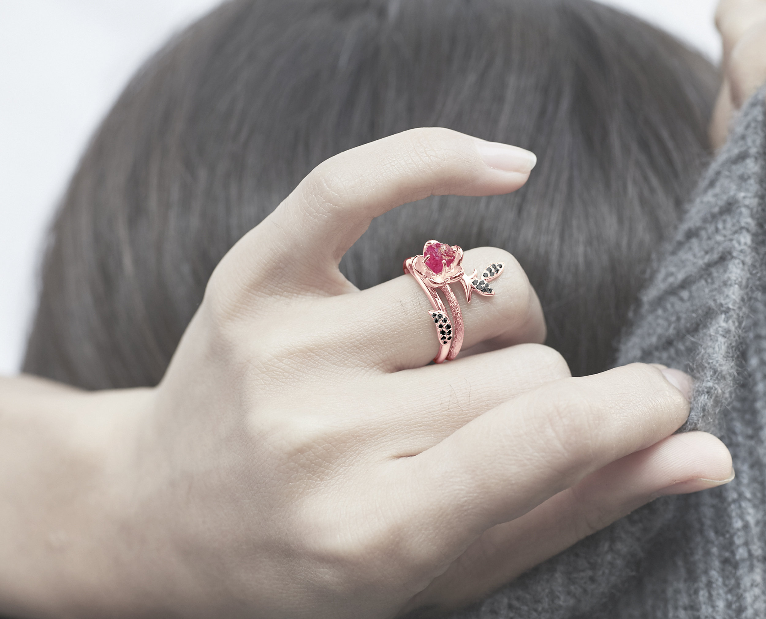 Raw Ruby Ring + Black Diamond Band Wedding Ring Set / Engagement Ring ...
