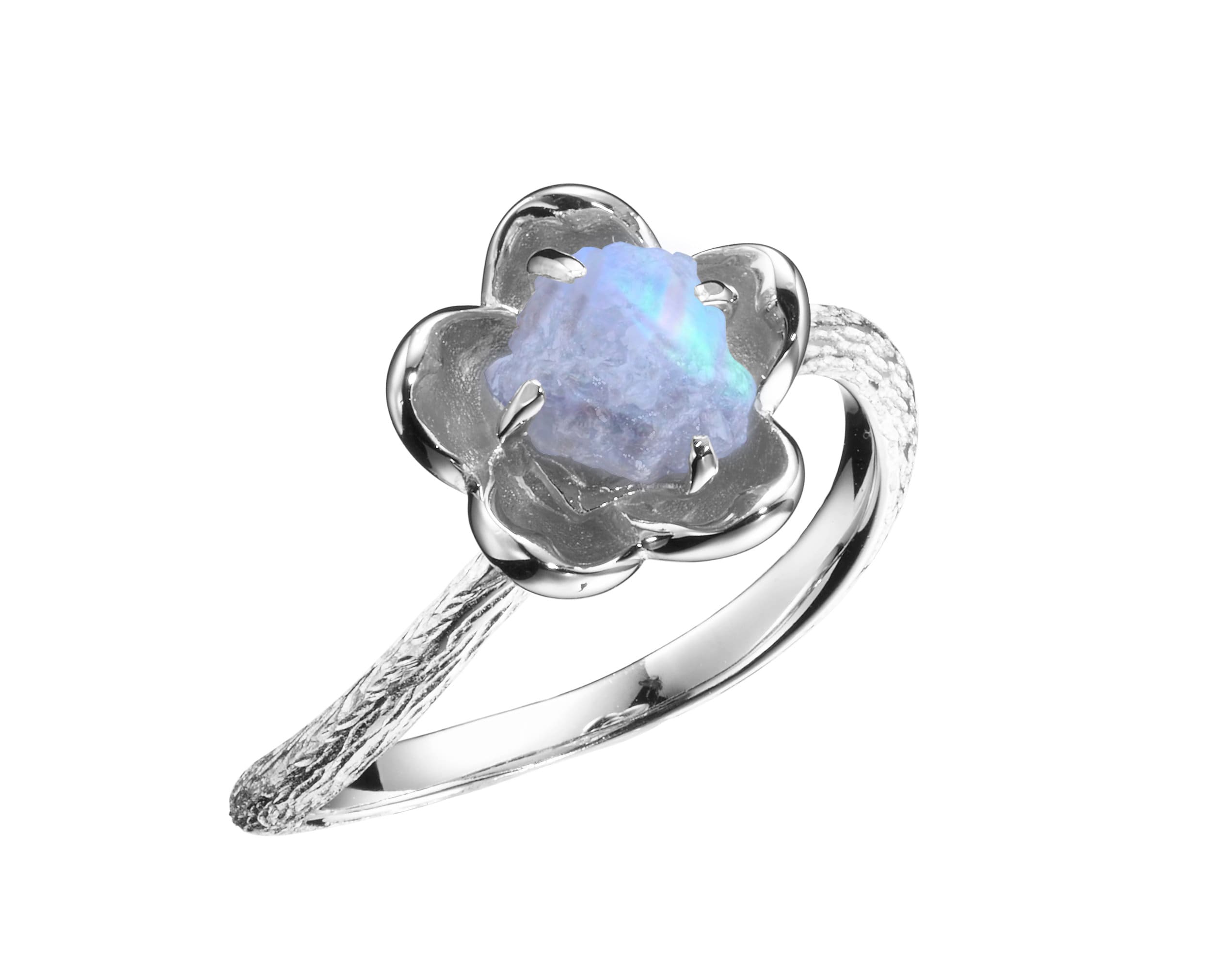 Raw Moonstone Ring Set Flower Unique Wedding Ring Set Branch | Etsy