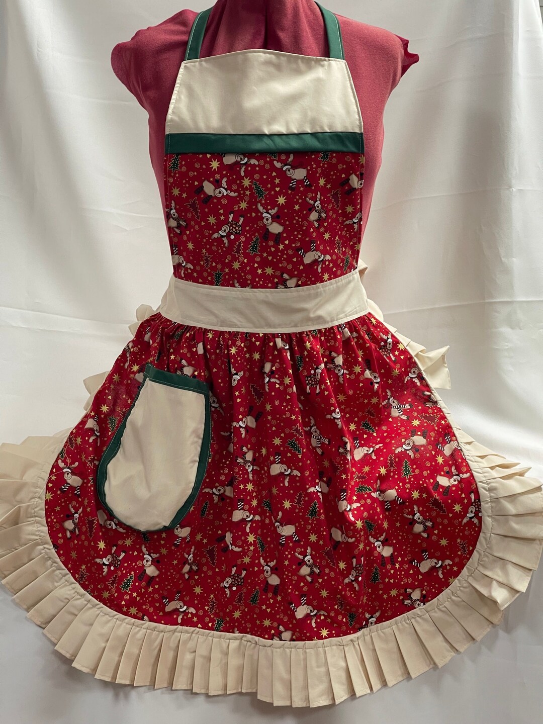 Retro Vintage 50s Style Full Apron / Pinny - Christmas Reindeer on Red ...