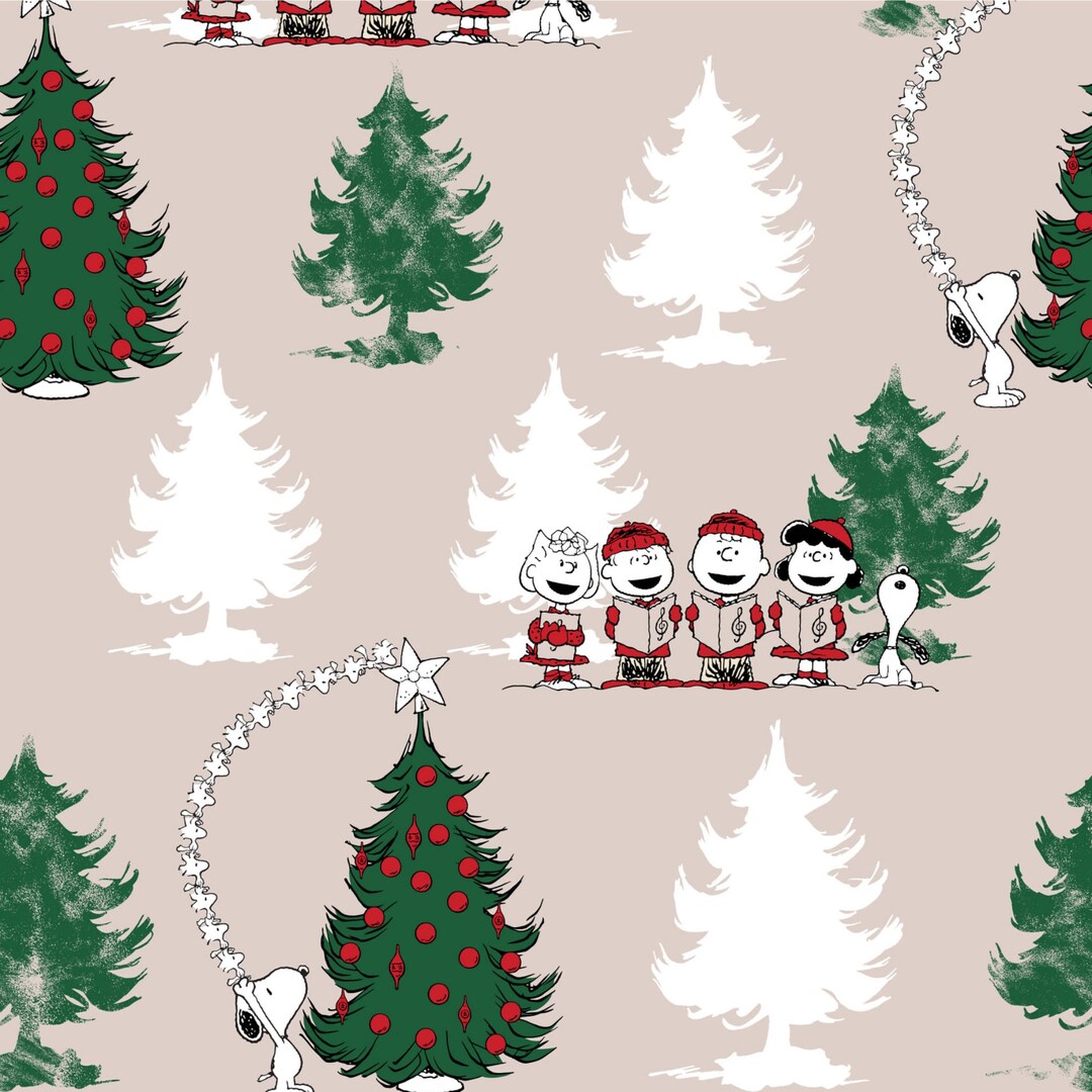 Snoopy at Christmas Digital Print Fabric - Happy Christmas - Beige ...