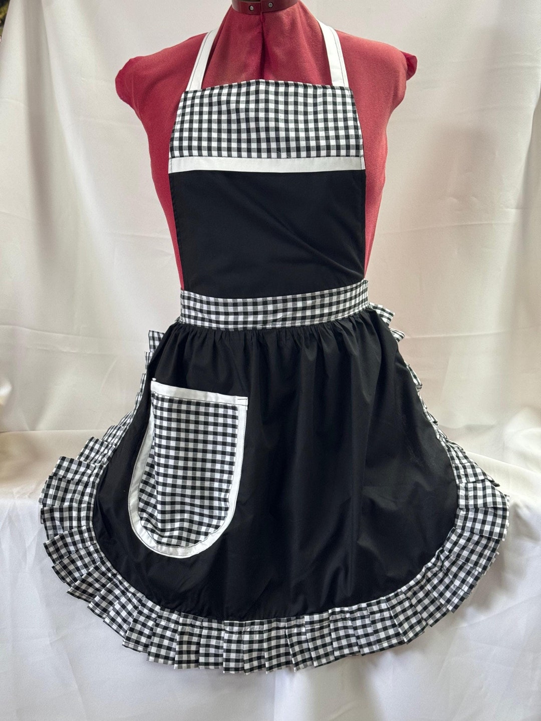 Retro Vintage 50s Style Full Apron / Pinny - Black With Black & White ...