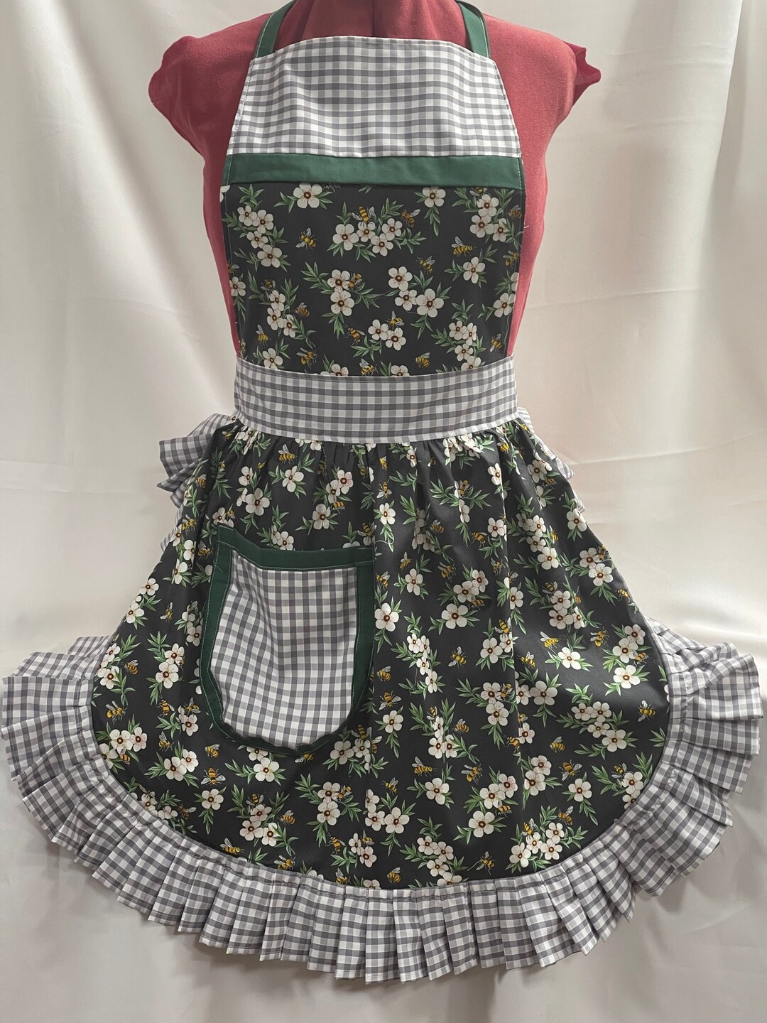 Retro Vintage 50s Style Full Apron / Pinny - Grey Floral With Grey ...