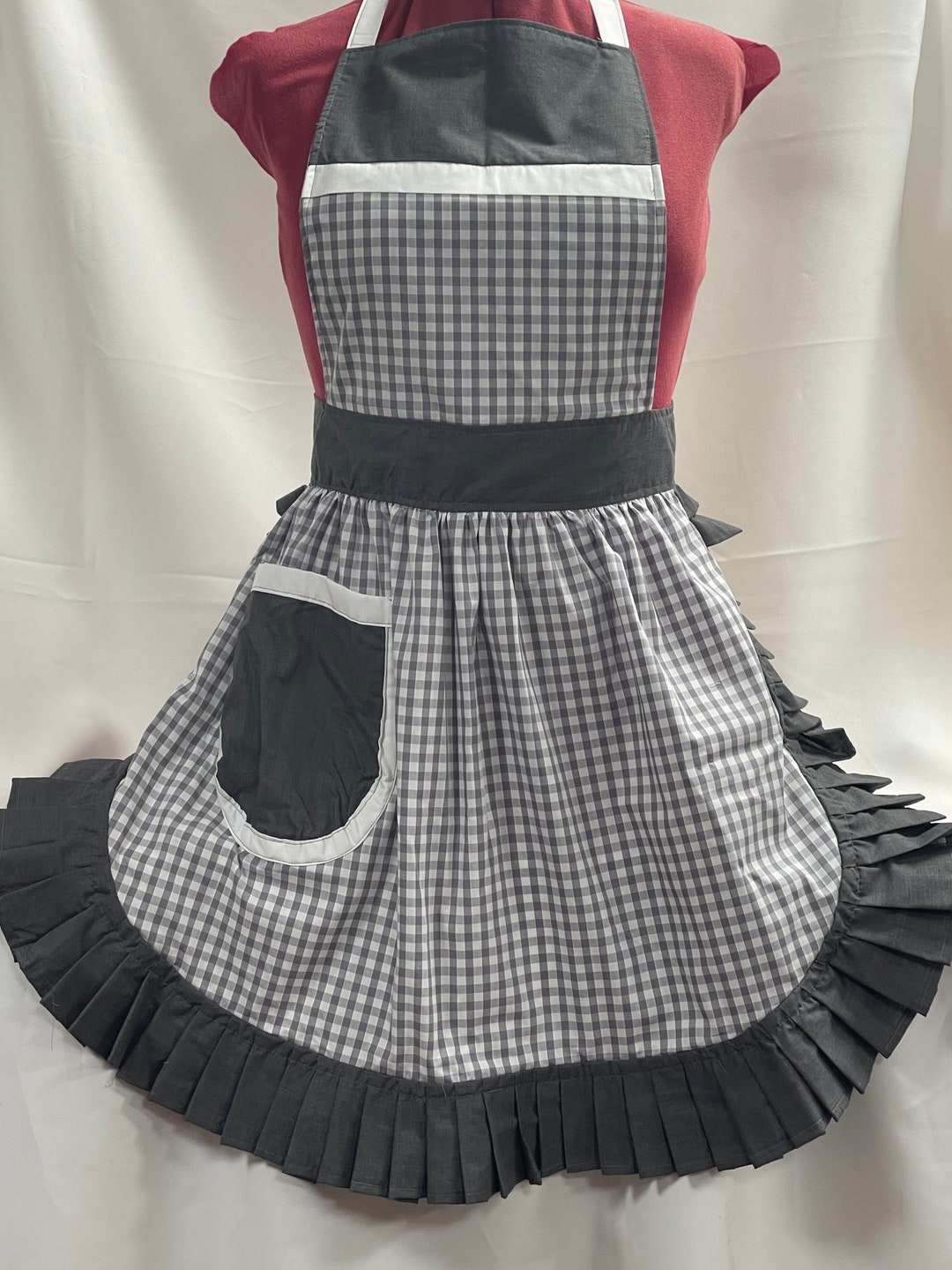 Retro Vintage 50s Style Full Apron / Pinny - Grey & White Gingham With ...