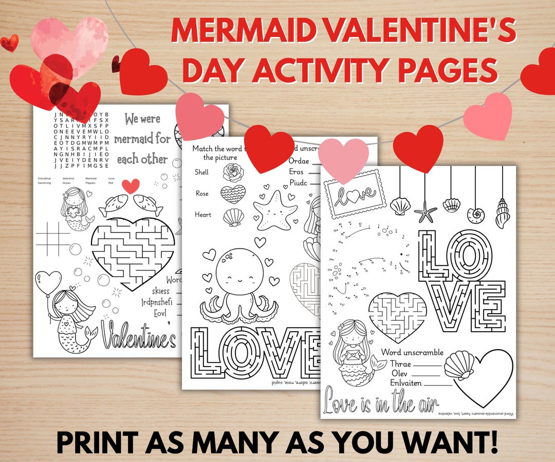 Mermaid Valentine's Day Activity Pages, Word Searches, Mazes, Coloring ...