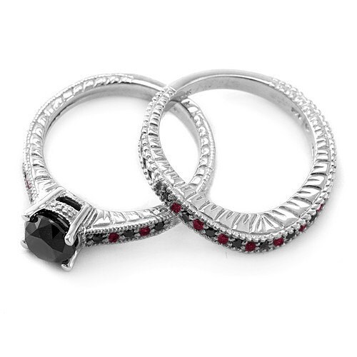 1.70ct Black Diamond & Red Ruby Engagement Ring Set 14k Gold Vintage ...
