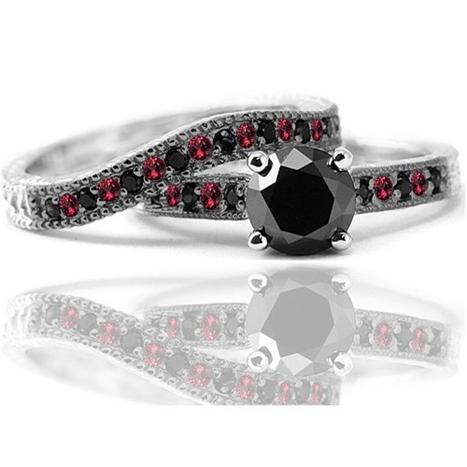 1.70ct Black Diamond & Red Ruby Engagement Ring Set 14k Gold Vintage ...