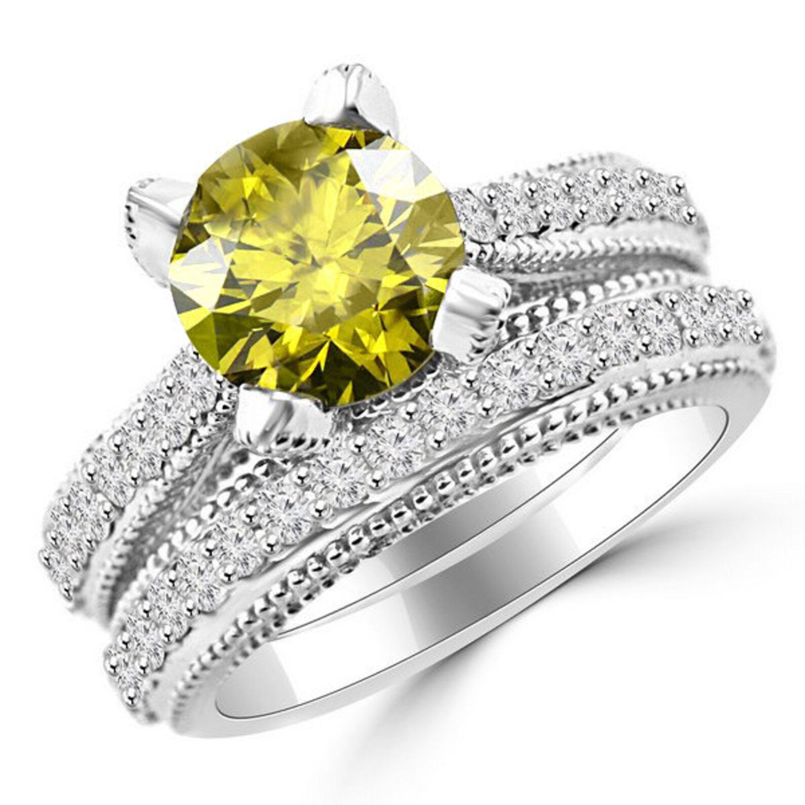 2.40ct VS1 Canary Yellow Diamond Engagement Wedding Ring Set | Etsy